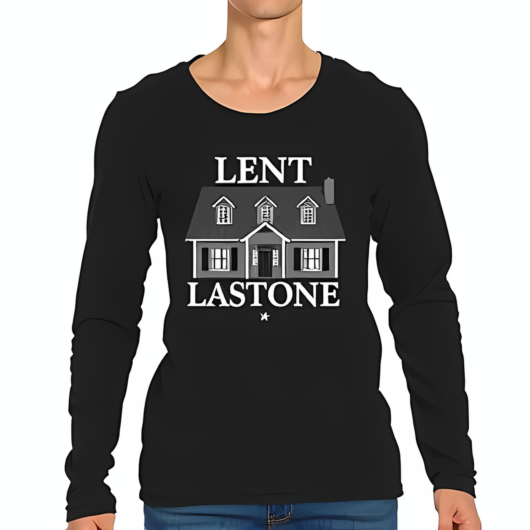 Black Long Sleeve T-Shirt with Grayscale House Illustration - "LENT LASTONE" Graphic Tee for ...
