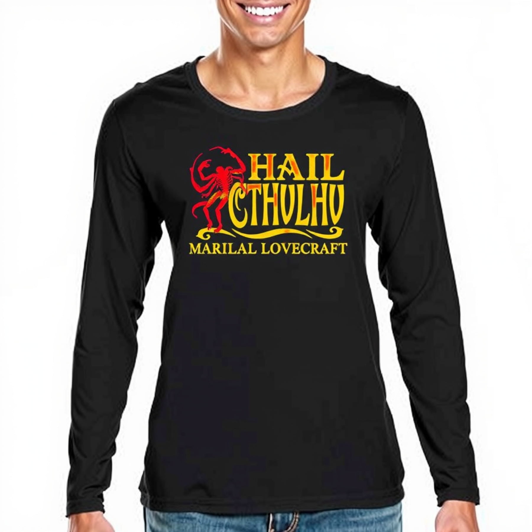 Black Long Sleeve T-Shirt with 'Hail Cthulhu' Graphic - Bold Yellow ...