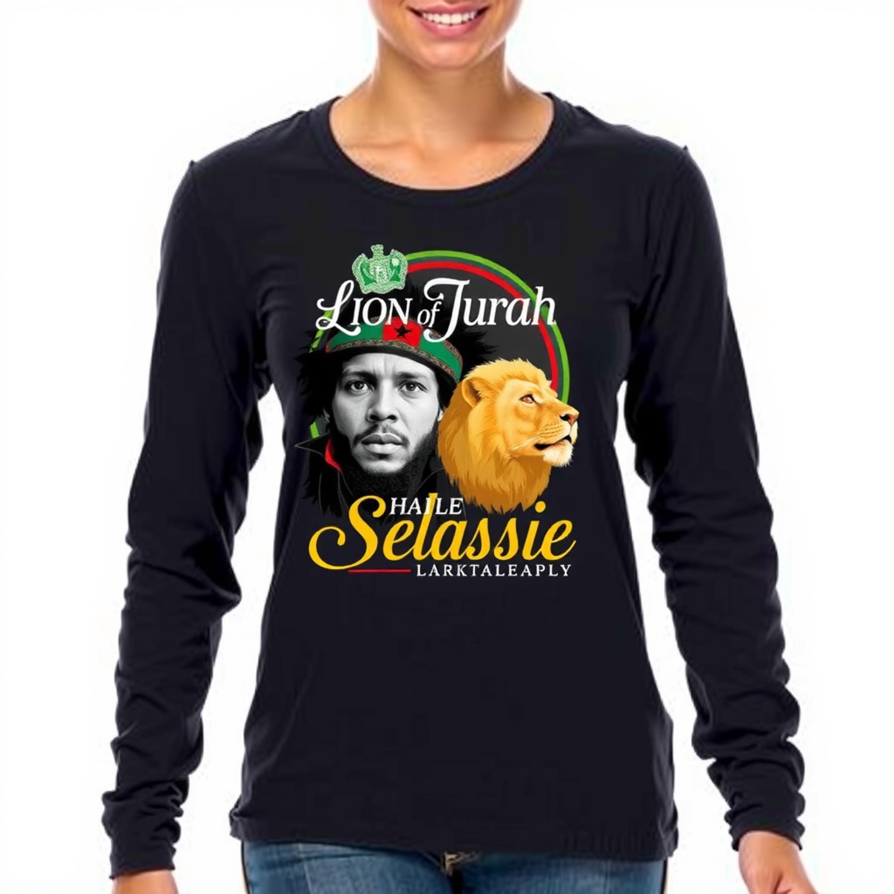Black Long Sleeve T-Shirt with Haile Selassie I Portrait & Lion of ...