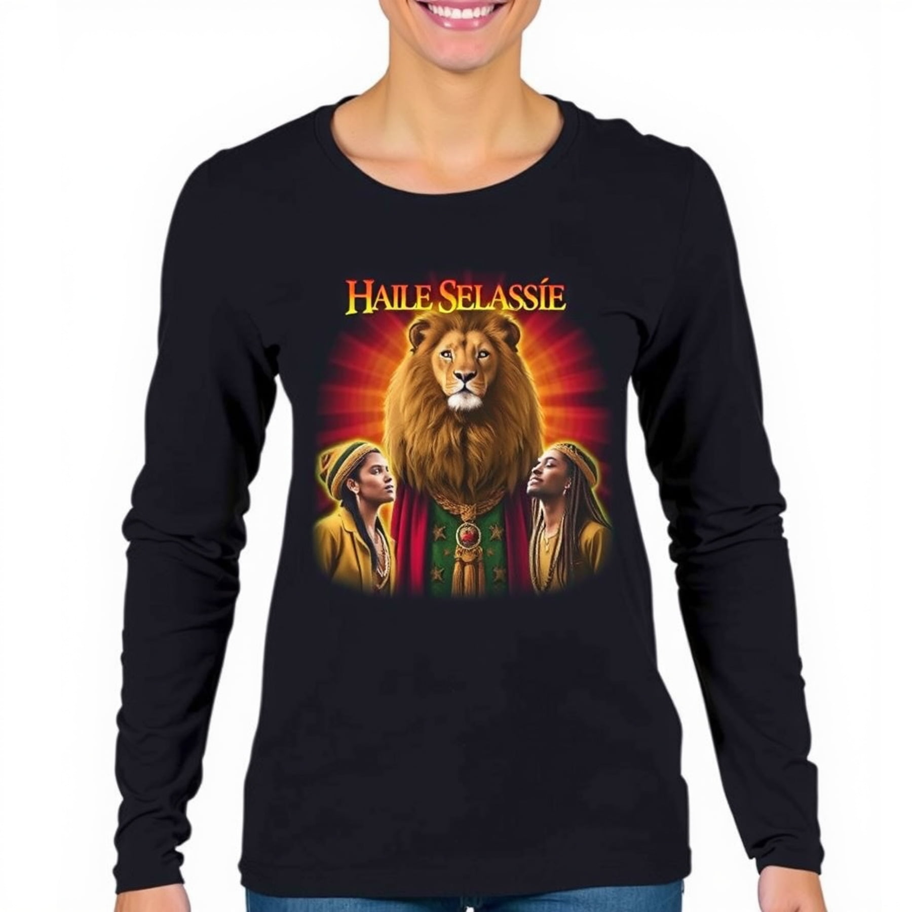 Black Long Sleeve T-Shirt with Lion Graphic Haile Selassie Design ...