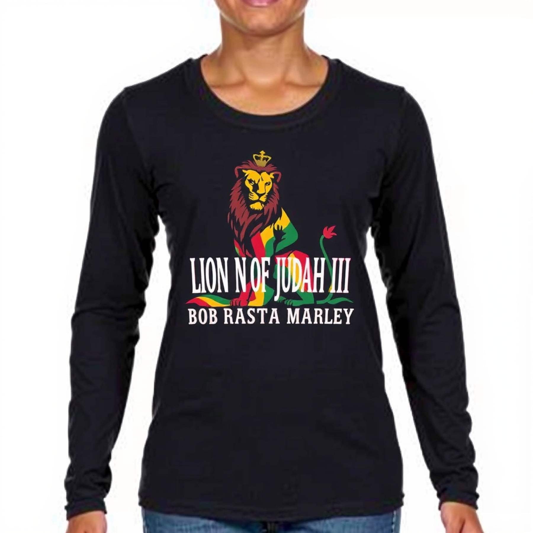 Black Long Sleeve T-Shirt with Lion of Judah Graphic Rastafarian Colors ...
