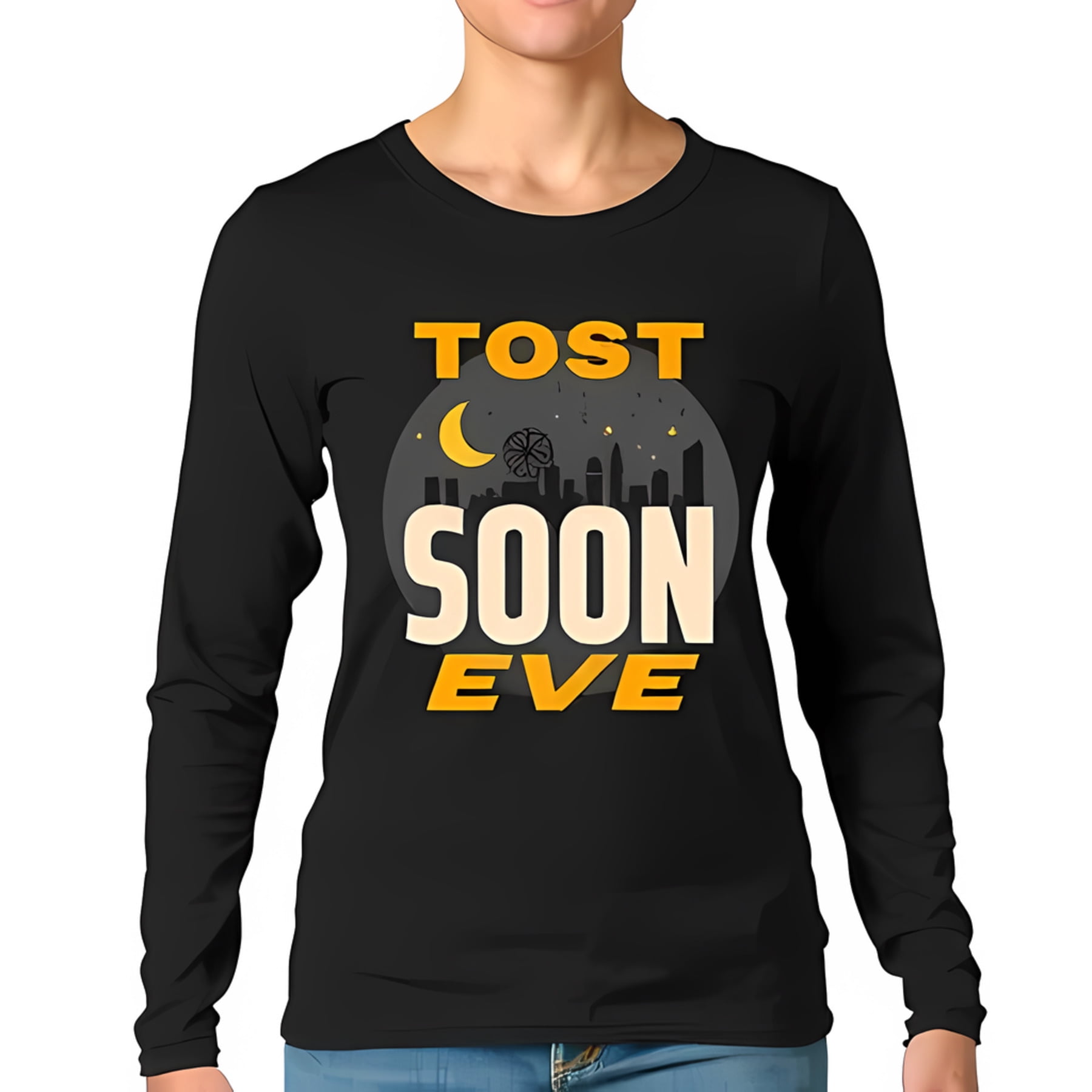 Black Long Sleeve T-Shirt with Nighttime Cityscape Design & 'TOST SOON ...