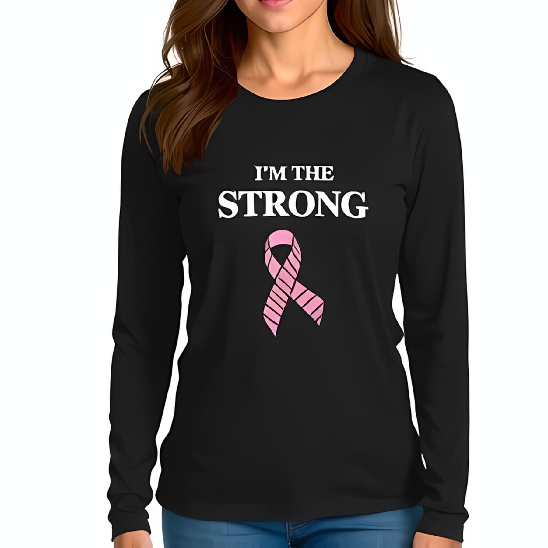 Black Long Sleeve T-Shirt with Pink Ribbon & " I'M THE STRONG ...