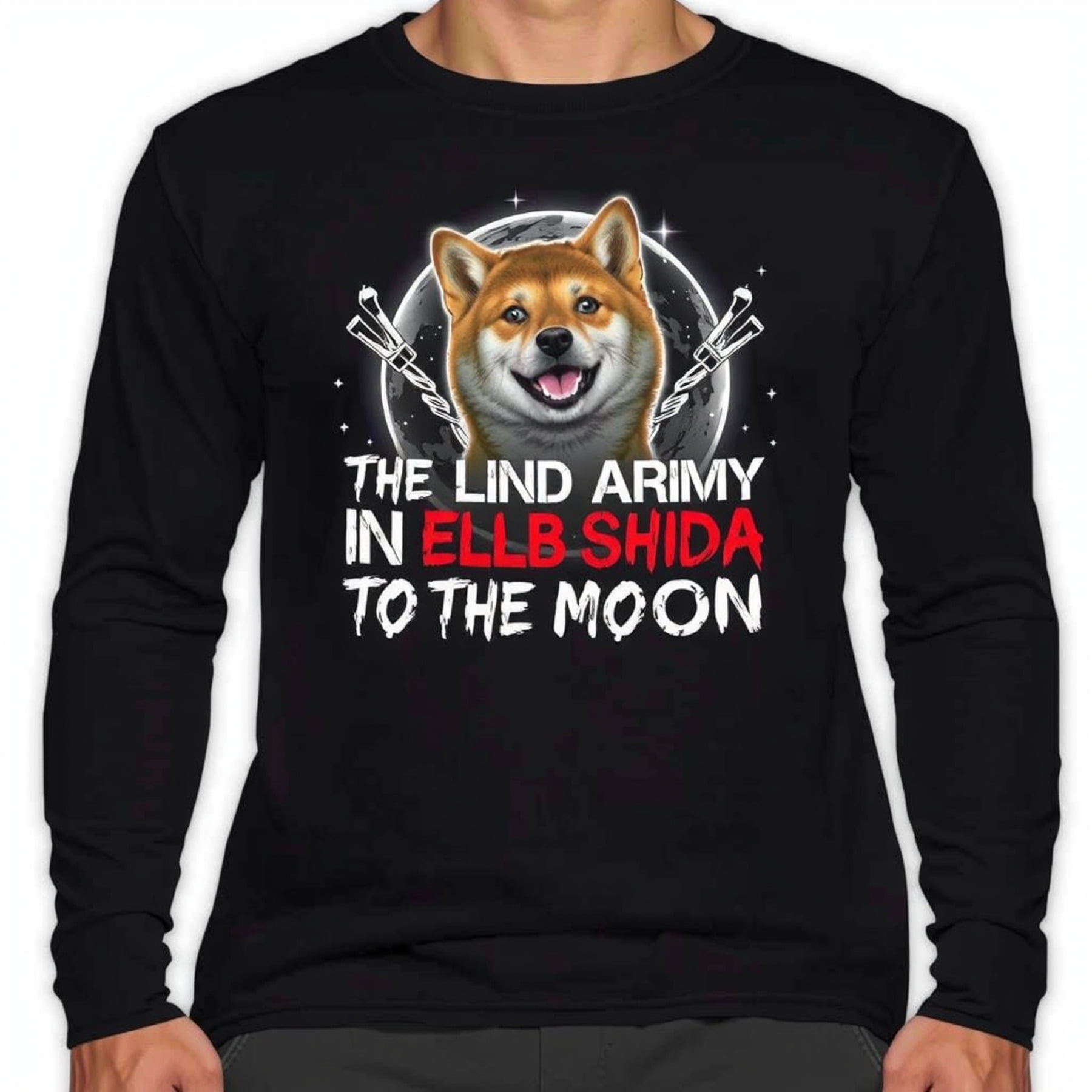 Black Long Sleeve T-Shirt with Smiling Shiba Inu Graphic and Moon ...