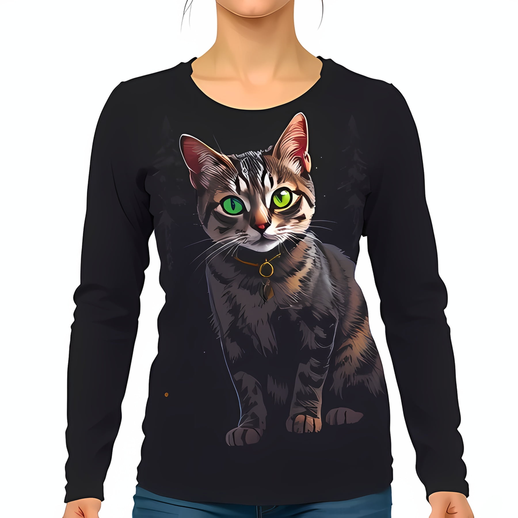 Black Long Sleeve T-Shirt with Tabby Cat Graphic Design - Casual Wear ...