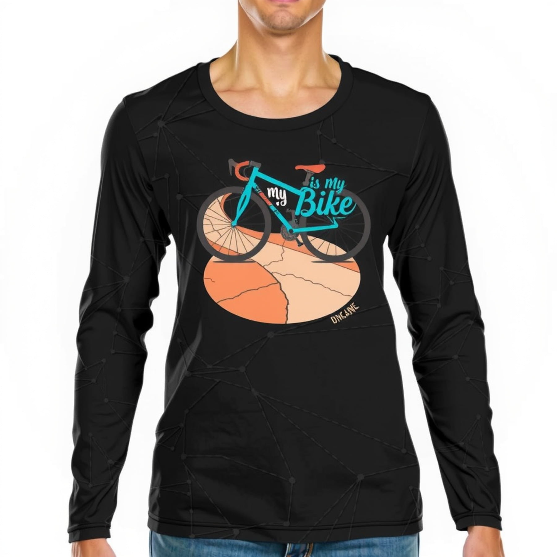 Black Long Sleeve T-Shirt with Teal Graphic and 'Is My Bike' Text ...