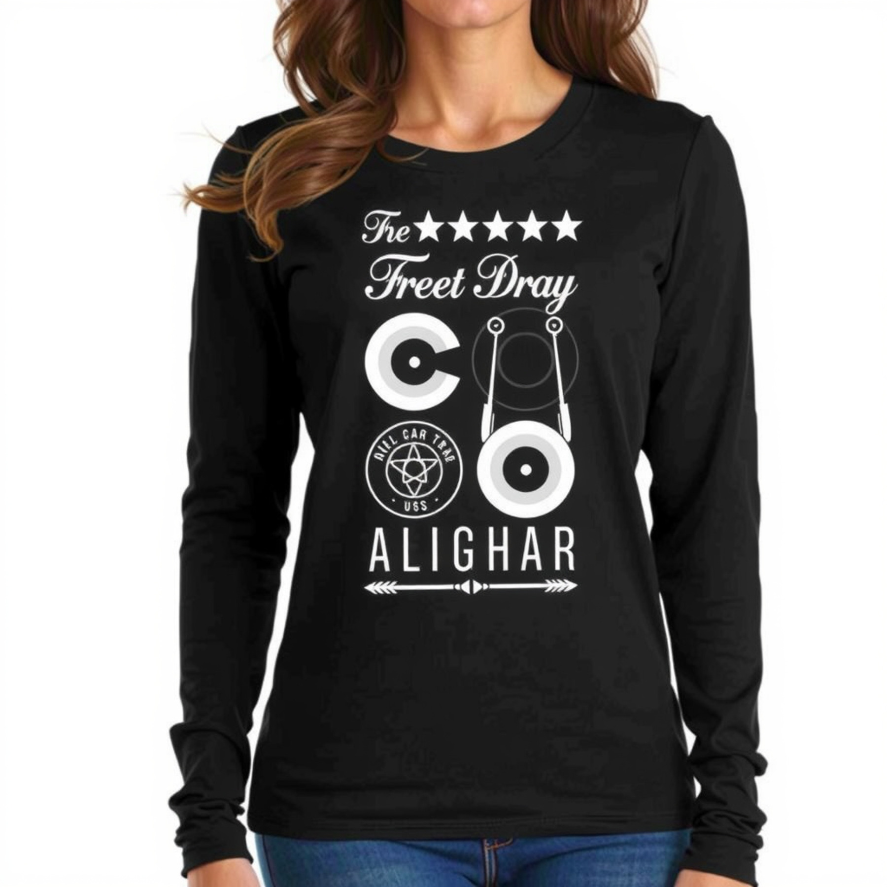 Black Long Sleeve T-Shirt with Vintage Design The Freet Dray' Star ...