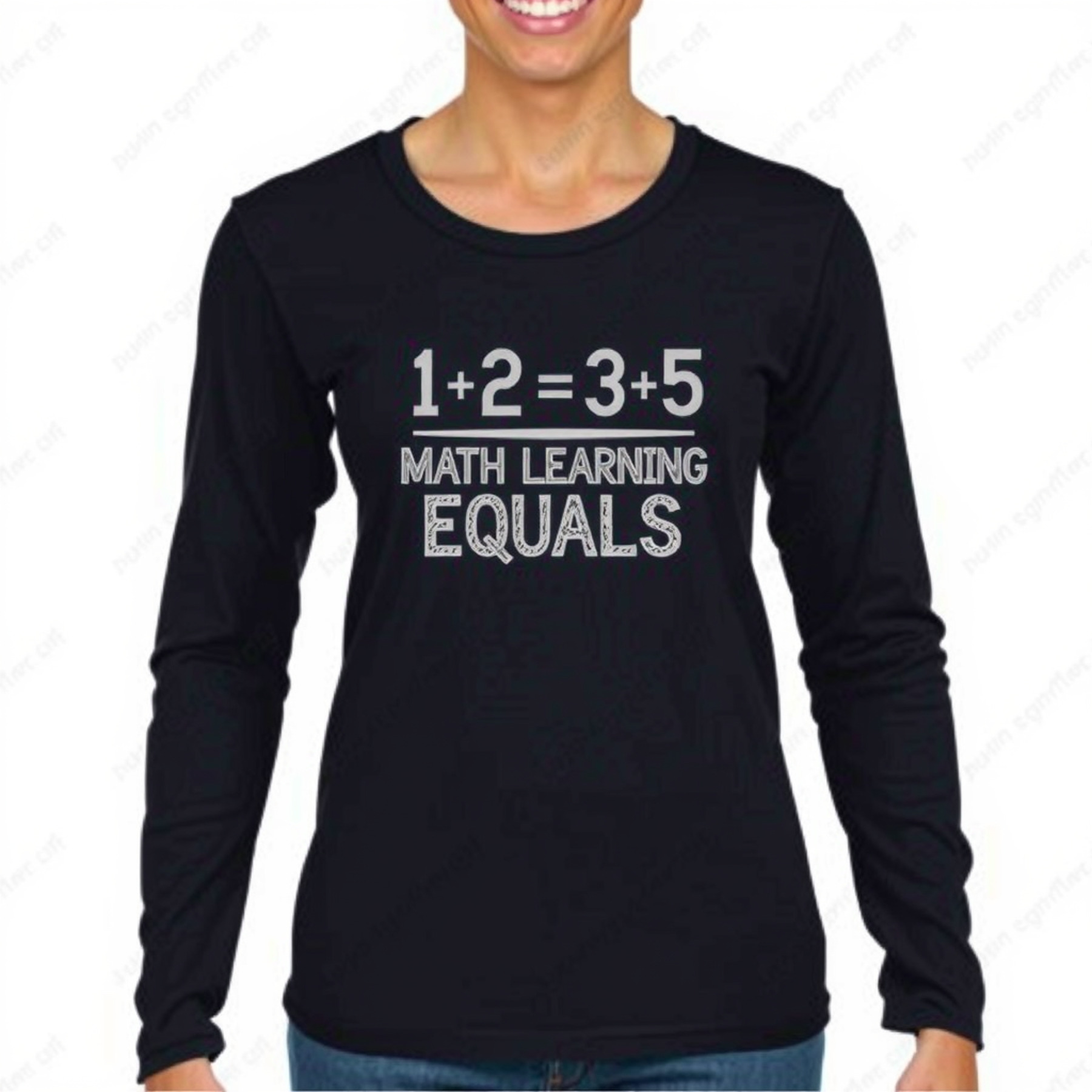 Black Long Sleeve T-Shirt with White Graphic: "1 2=3 5 MATH LEARNING EQUALS" for math lovers and ...