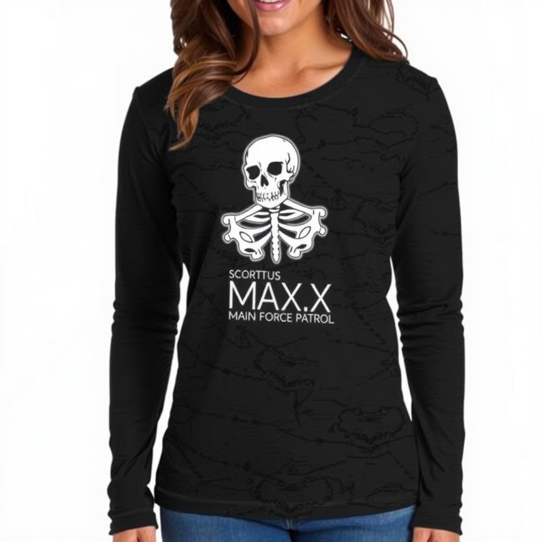 Black Long Sleeve T-Shirt with White 'Scortius Max X Main Force ' Map ...