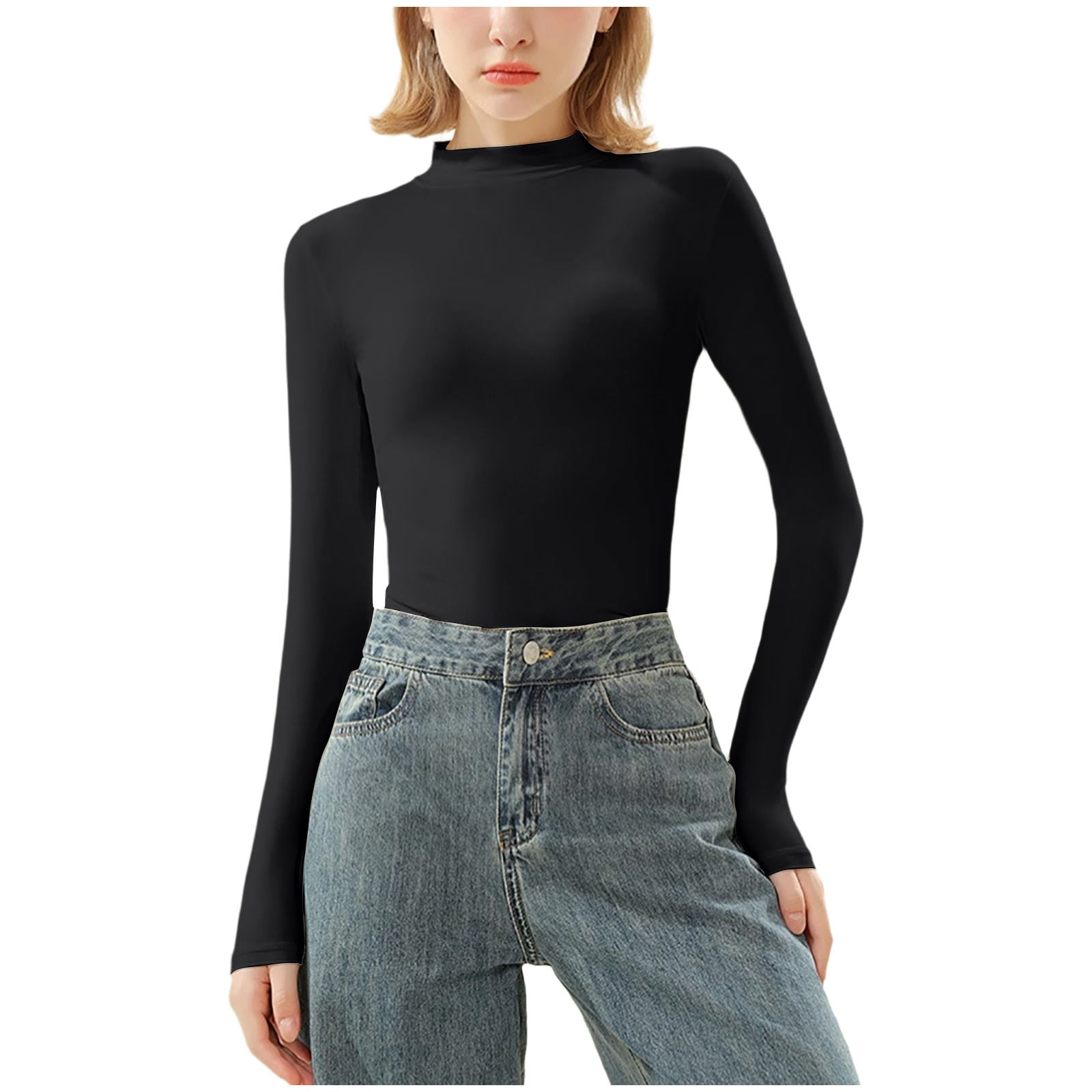 Black Long Sleeve Tops for Ladies Boat Turtleneck Neck Spandex Brunch Basic Top T Shirts Pajamas ...