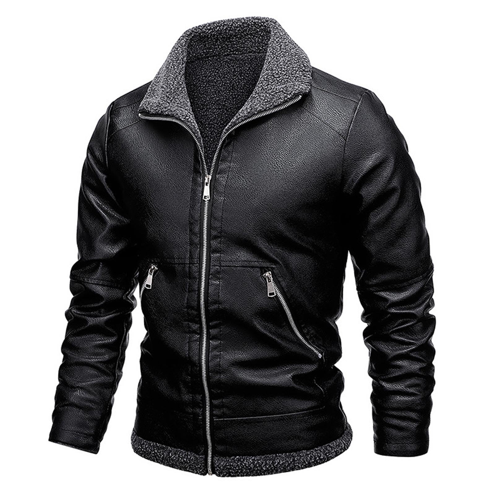 Black Long Sleeve for Man Fall Winter Faux Leather Hooded Motorcycle ...