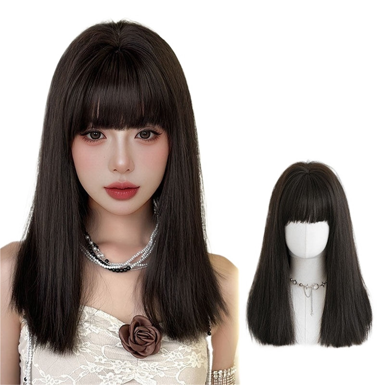 Black Long Straight Hair Wigs with Bangs for Women - 46cm High ...