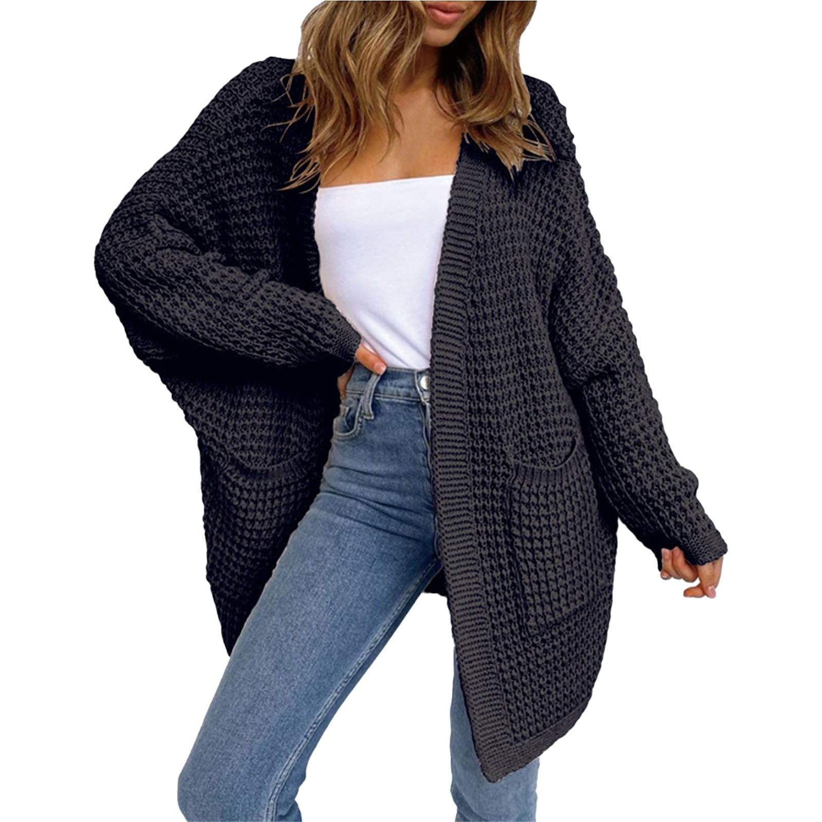 Black Long Sweaters Women's New Knitted Cardigan Loose Large Long ...