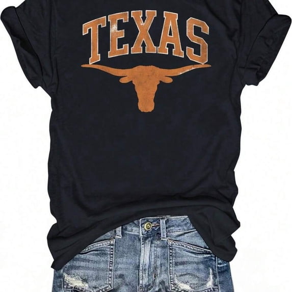 Black Longhorn Texas Graphic Crew Neck T-Shirt For Women Casual Comfort ...