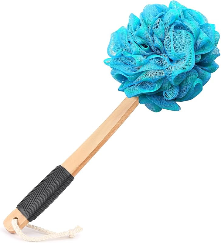 Black Loofah on a Stick PE Soft Mesh Luffa with Non-Slip Wooden Handle ...