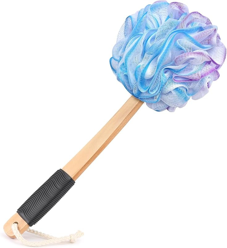 Black Loofah on a Stick PE Soft Mesh Luffa with Non-Slip Wooden Handle ...