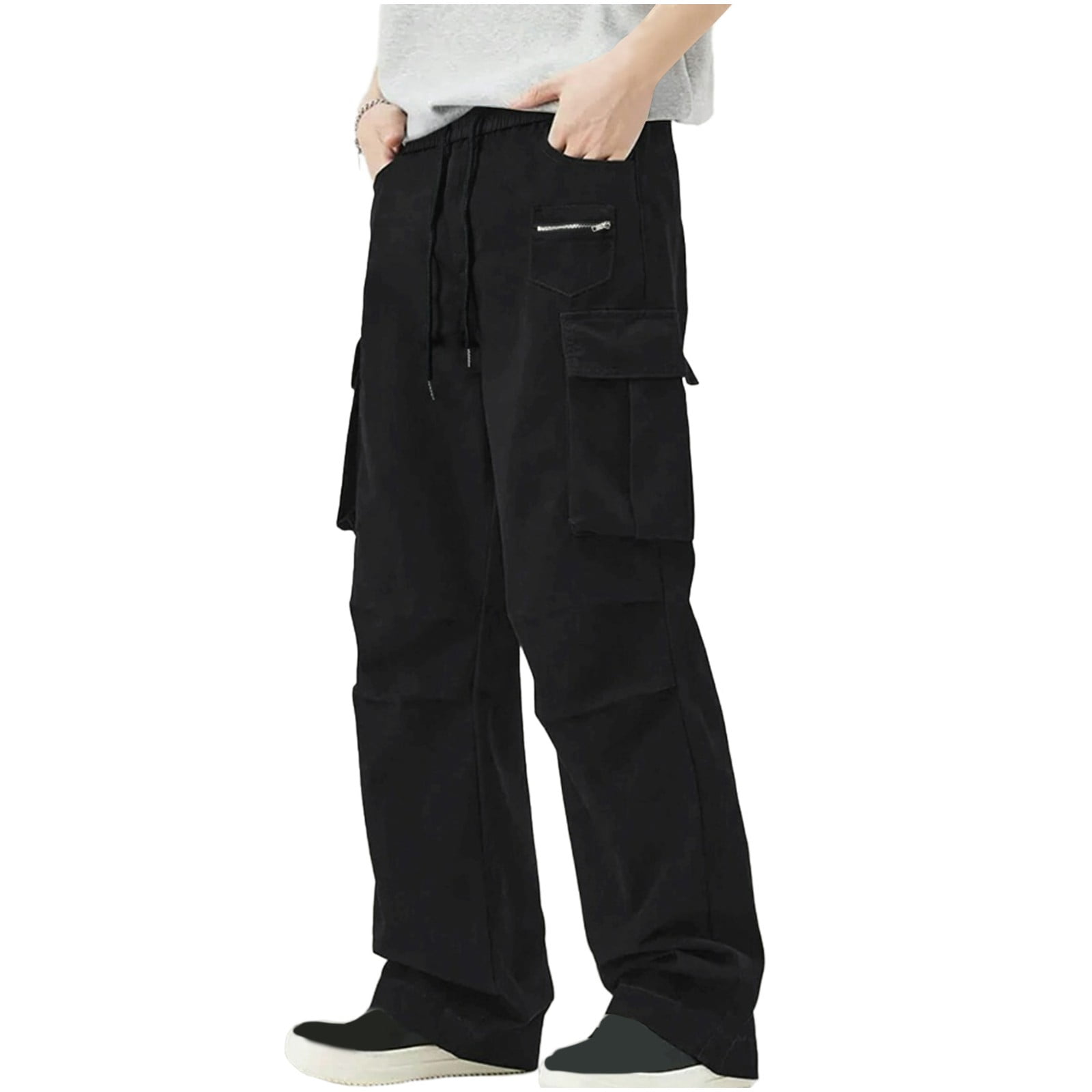 Black Loose Fit Trousers Pants for Mens Winter Fall Work Out Gym Casual Jogger Straight Leg ...