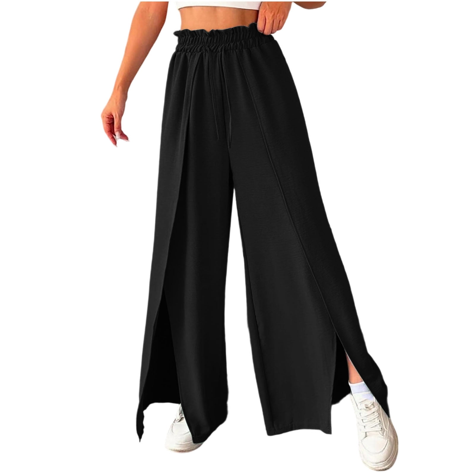 Black Loose Fit for Ladies Fall Summer Spandex Ruched High Leg Flare ...