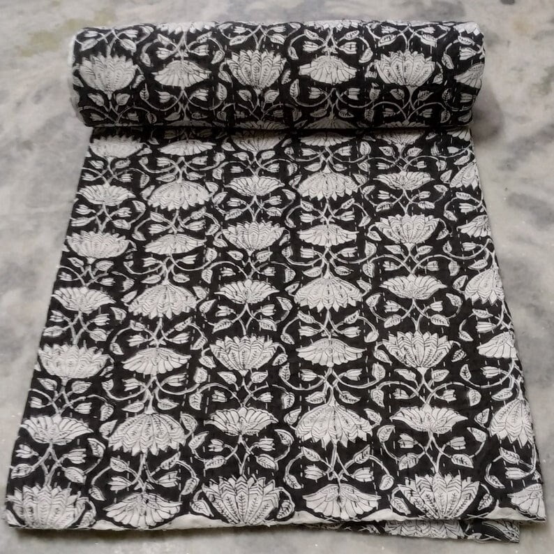 Black Lotus Floral Block Print Indian Kantha Quilt â€“ Handmade Pure ...