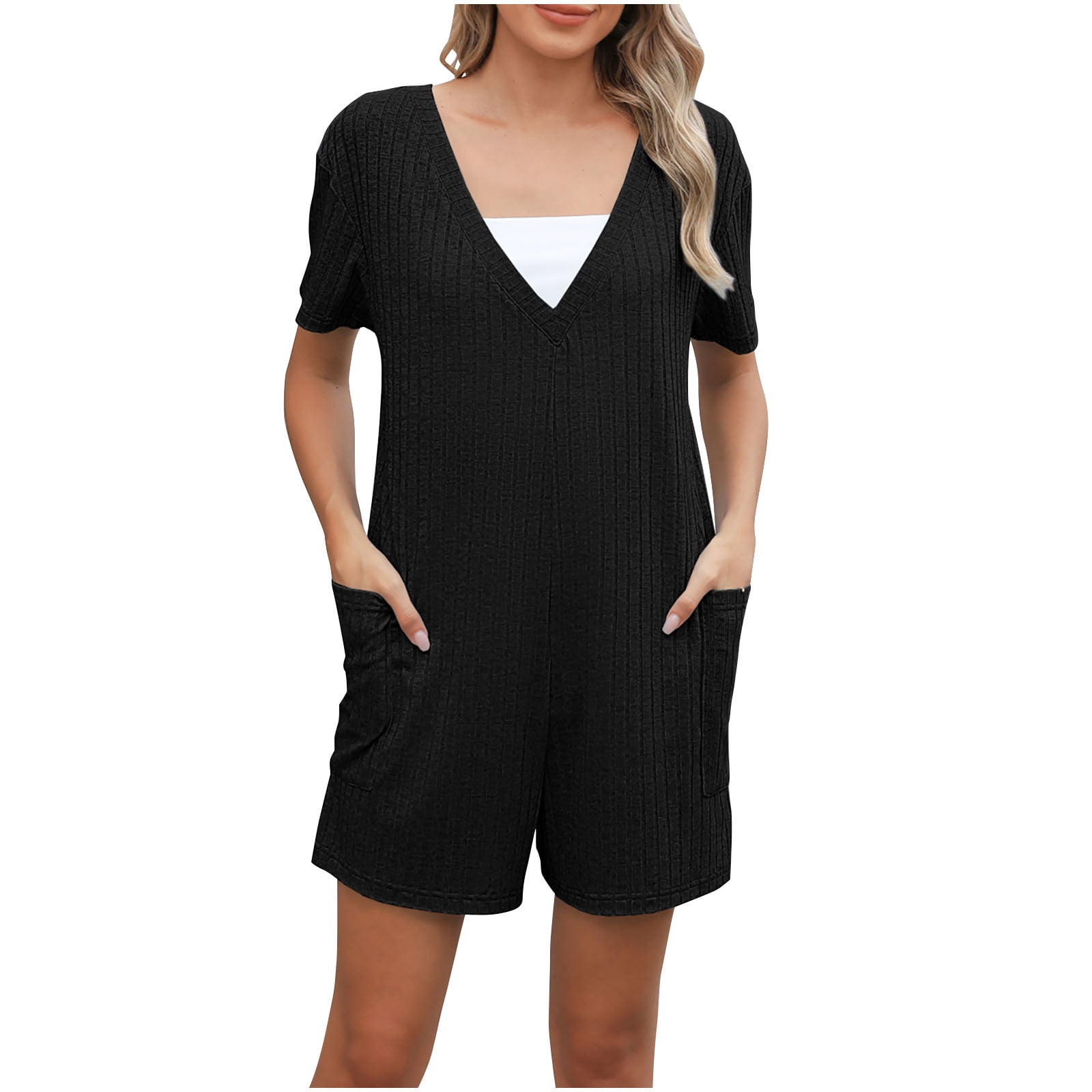 Black Lounge Bib Pants Shortalls for Women Summer Fall Loose Fit Crochet Striped Front Straight ...