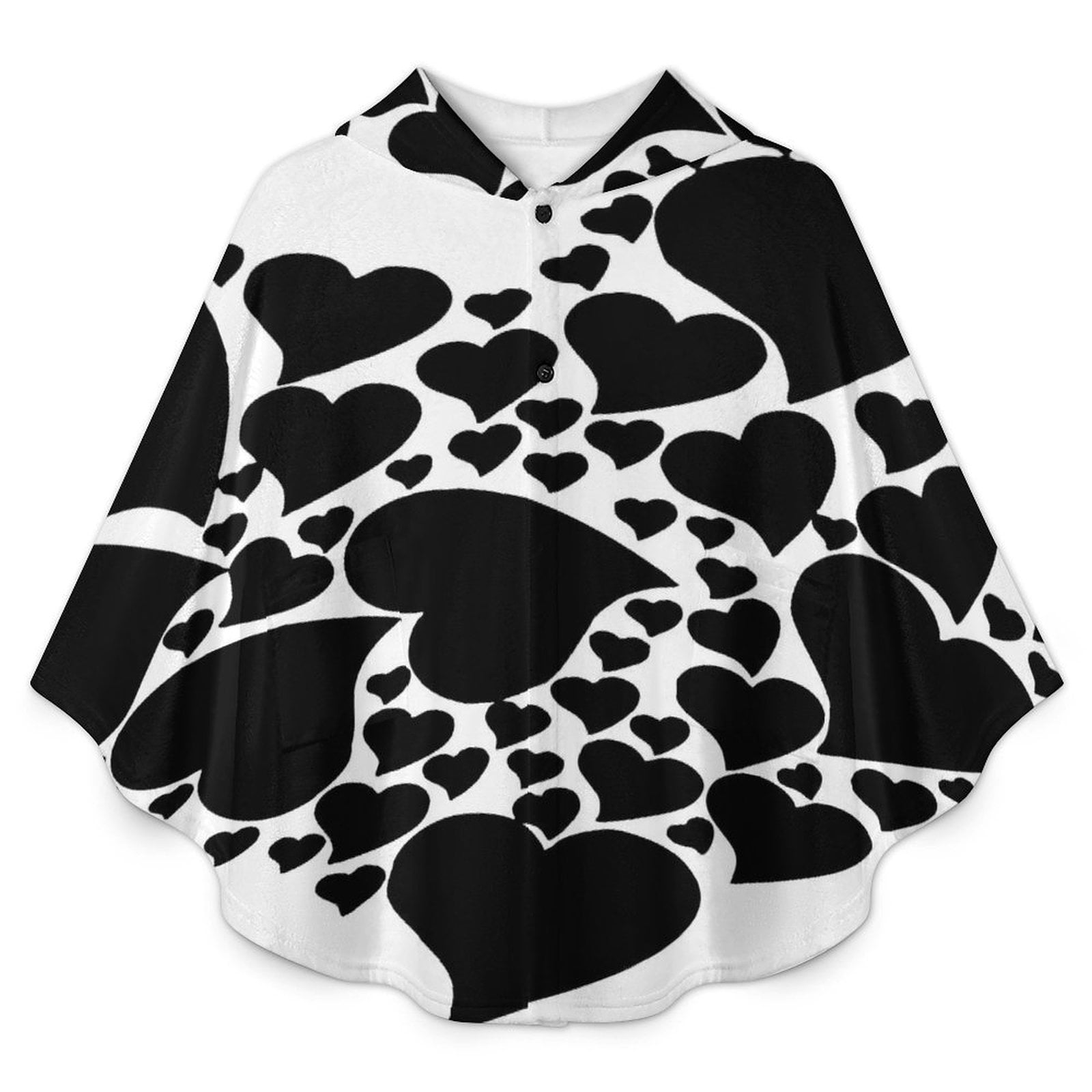 Black Love Heart Pattern Blanket Oversized Wearable Hooded Blanket Warm ...