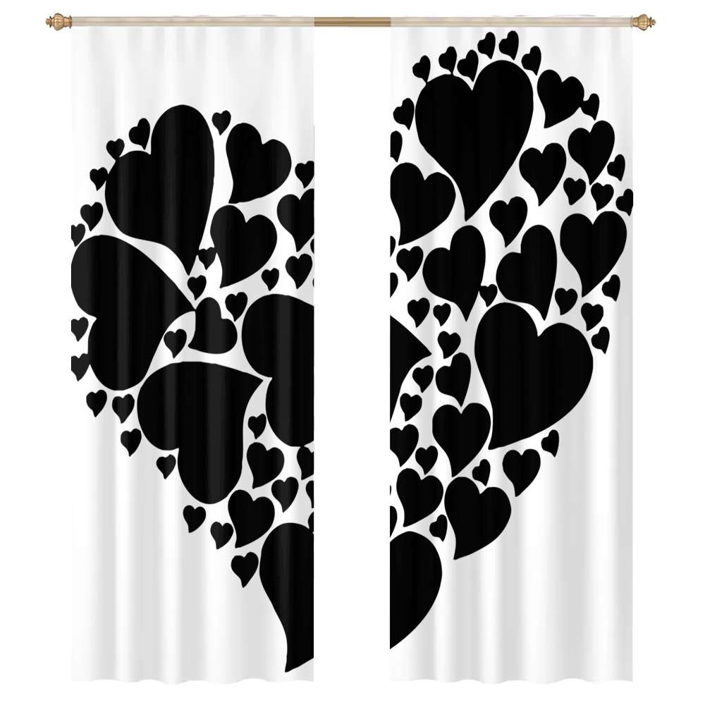 Black Love Heart Pattern Sheer Voile Curtain Window Tulle Curtains For ...