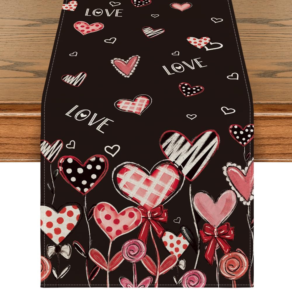 Black Love Hearts Leaves Valentine's Day Table Runner, Seasonal Holiday ...