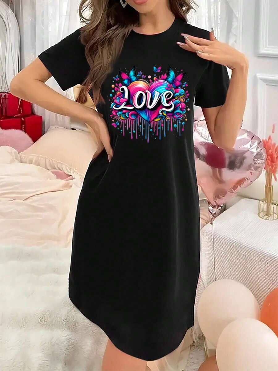 Black Love Print Sleep Dress For Women, Crew Neck, Knee Length, Relaxed ...