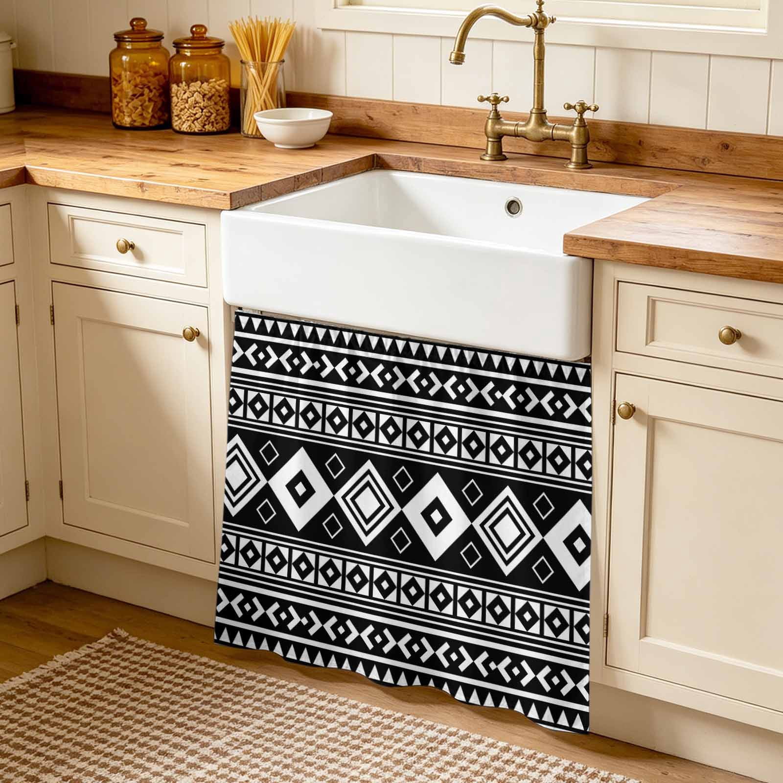 Black Lozenge Cabinet Curtain, Coastal Geometric Striped Folk Farm ...