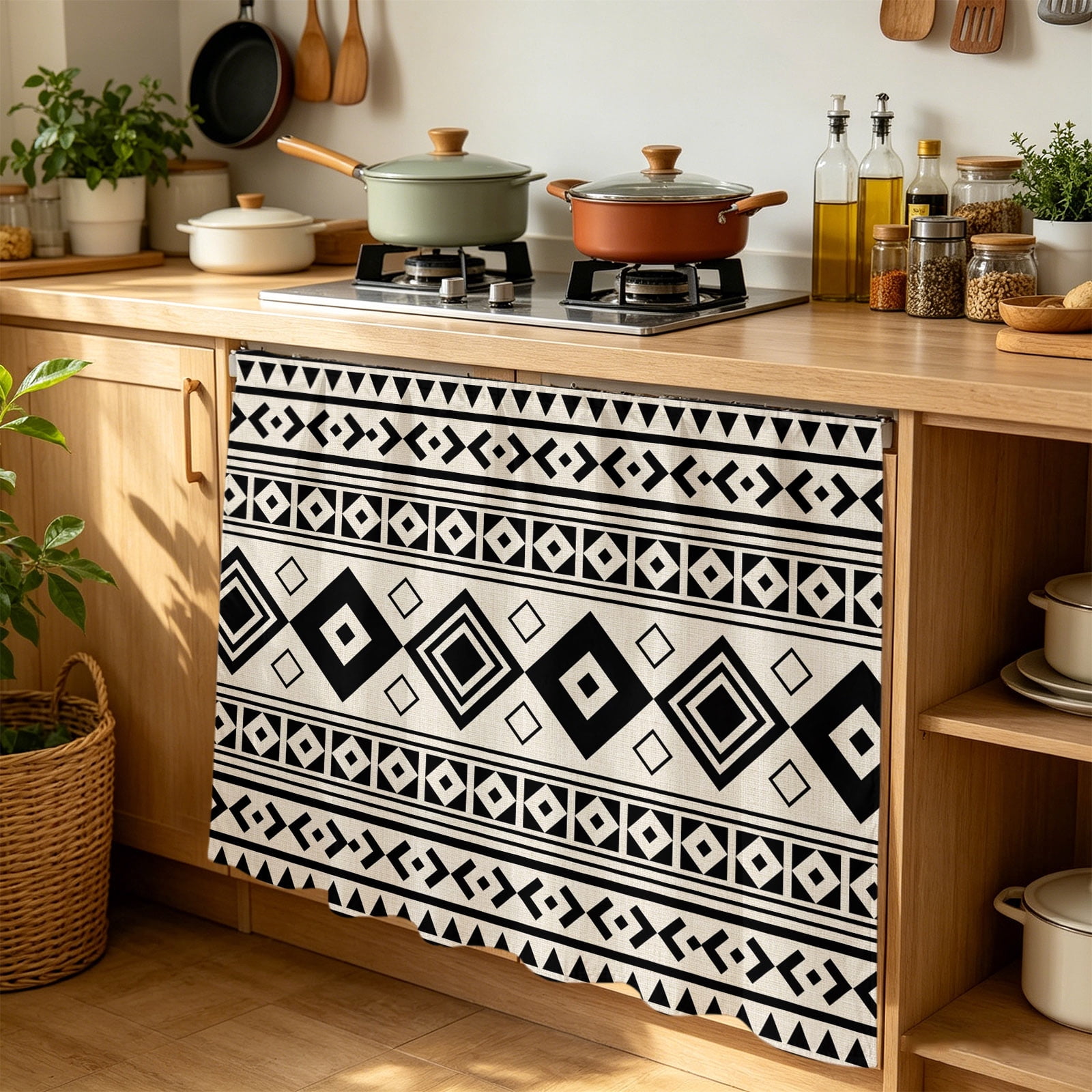 Black Lozenge Cabinet Curtains for Kitchen 35"W x 35"L, Coastal ...