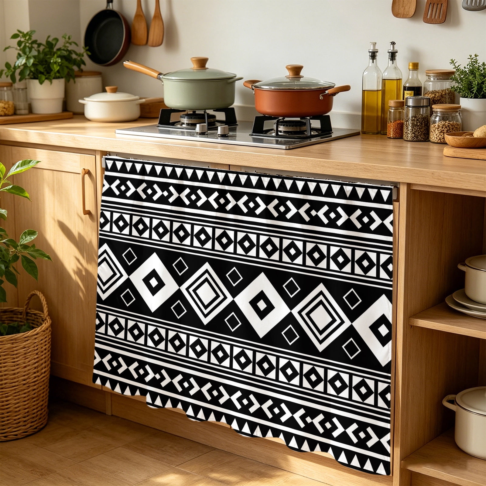 Black Lozenge Cabinet Curtains for Kitchen 35"W x 35"L, Coastal ...