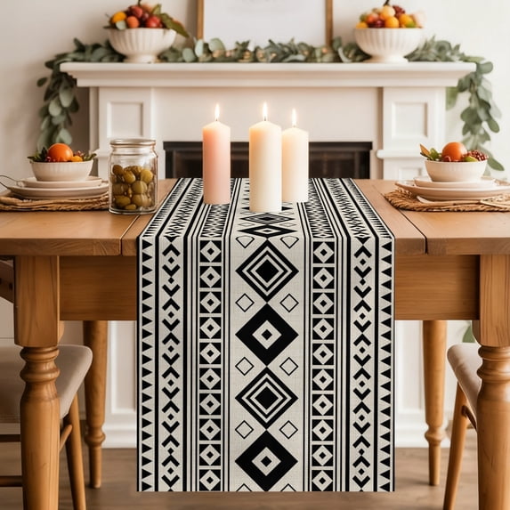 Black Lozenge Table Runner, Coastal Geometric Striped Folk Farm Beige ...