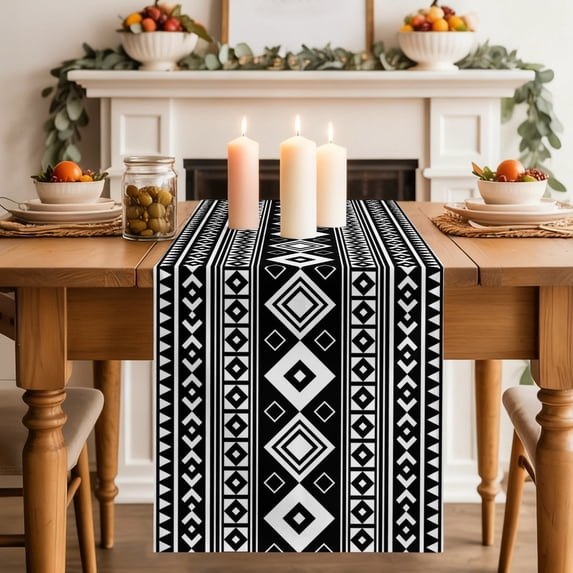Black Lozenge Table Runner, Coastal Geometric Striped Folk Farm ...