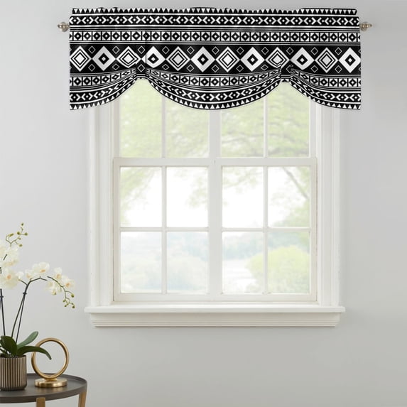 Black Lozenge Tie Up Valances Curtain, Coastal Geometric Striped Folk ...