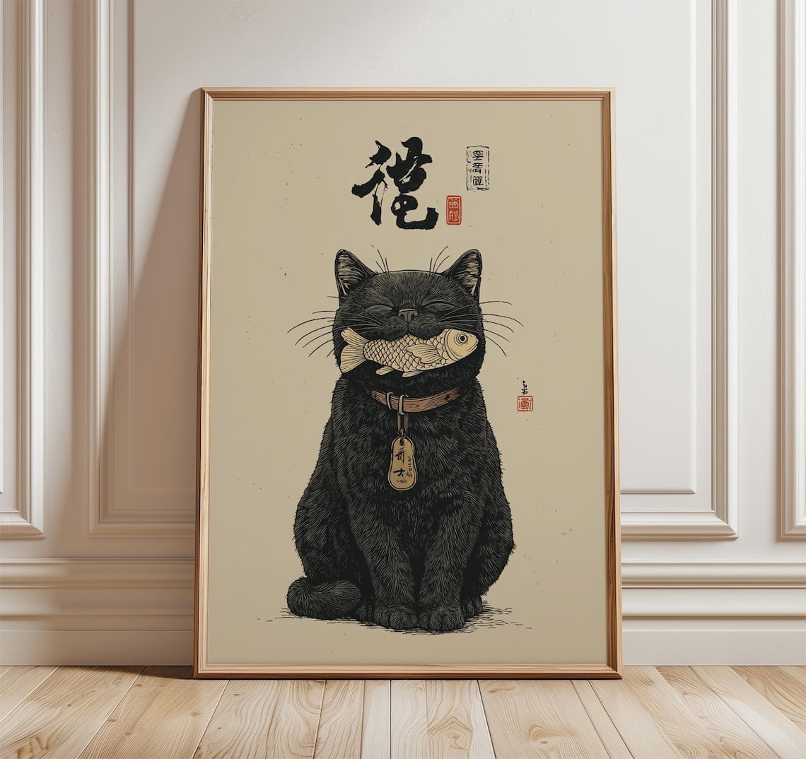 Black Lucky Cat Ukiyo e Art Japanese Fish Charm Wall Decor Art ...