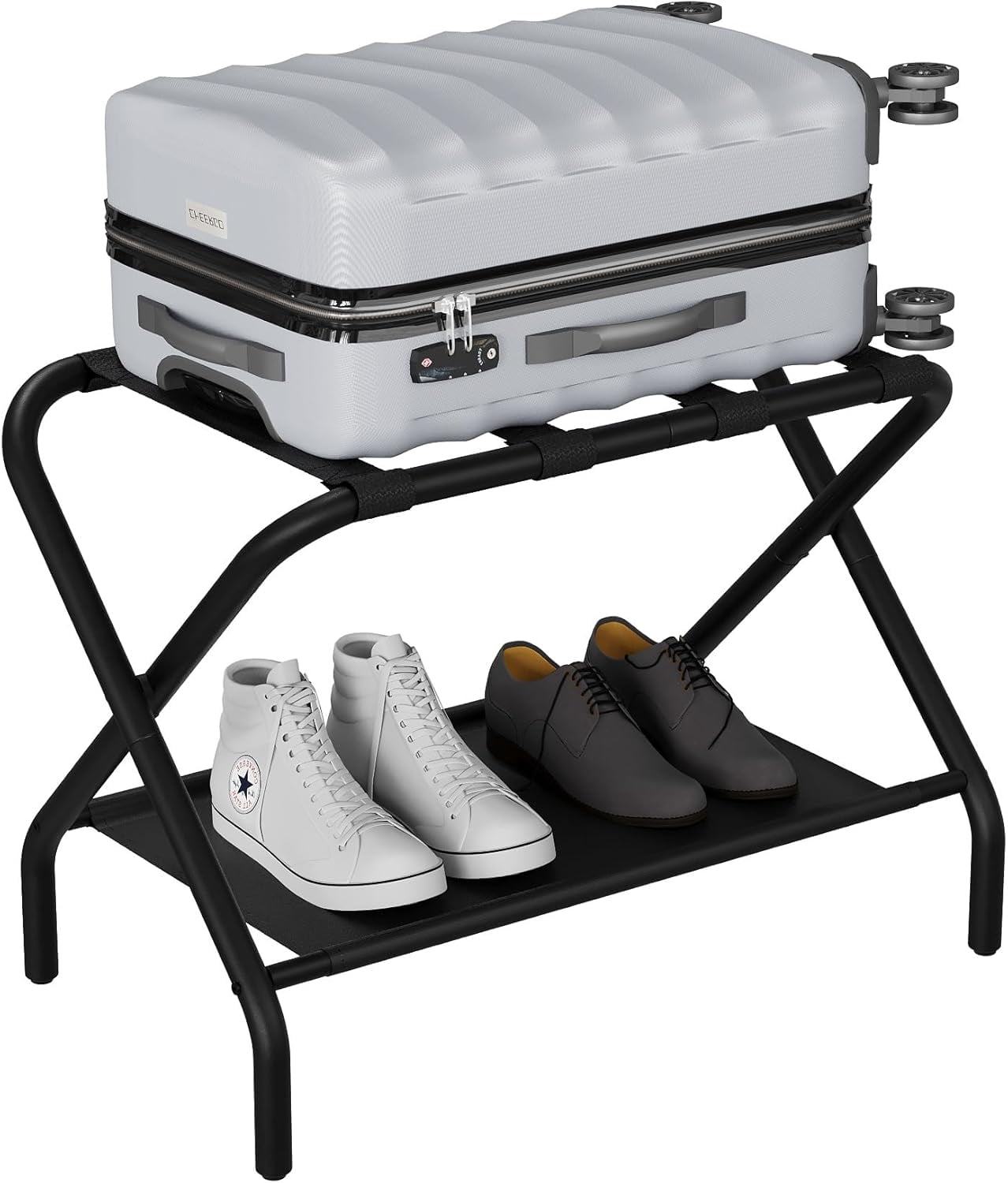 Black Luggage Rack, Foldable Suitcase Stand with Fabric Storage Shelf ...
