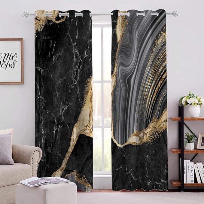 Black Luxury Retro Marble Print Blackout Curtains, Abstract Flowing ...