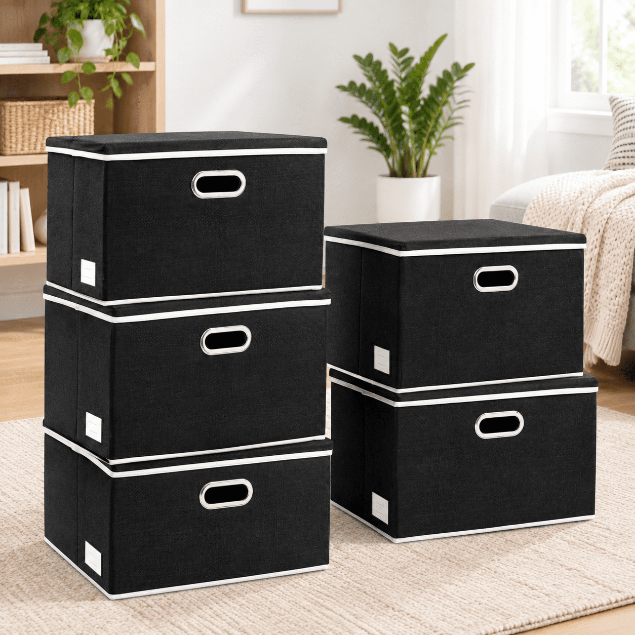 Black M(5-Pack) Foldable Linen Fabric Storage Bin Organizer with Lid ...