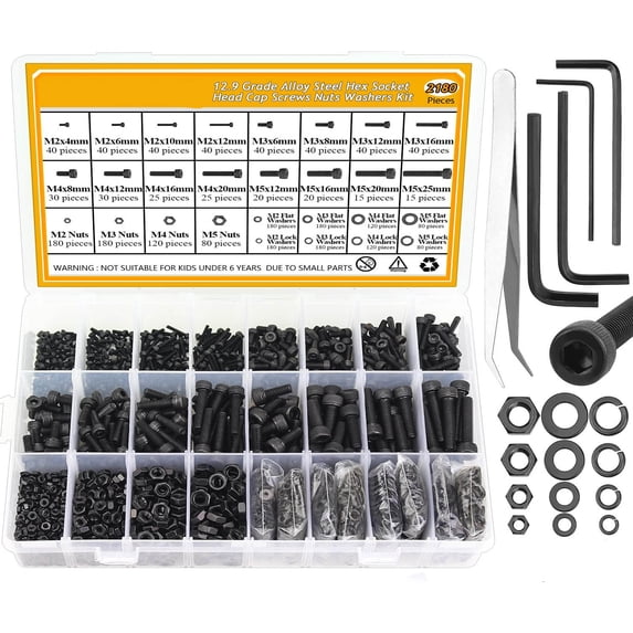 Black M2 M3 M4 M5 Hex Socket Head Cap Screws Nuts Washers Assortment ...
