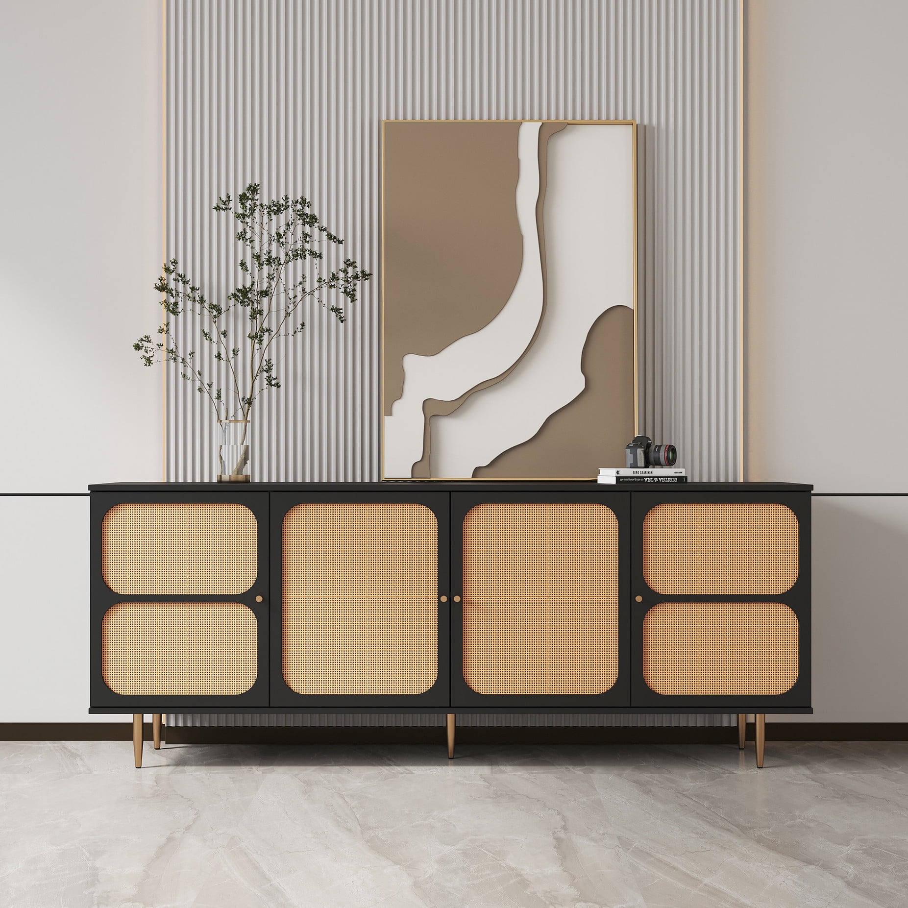 Black MDF Sideboard - 4 Rattan Doors and Large Desktop - In Various Living Zones - Meet Storage ...