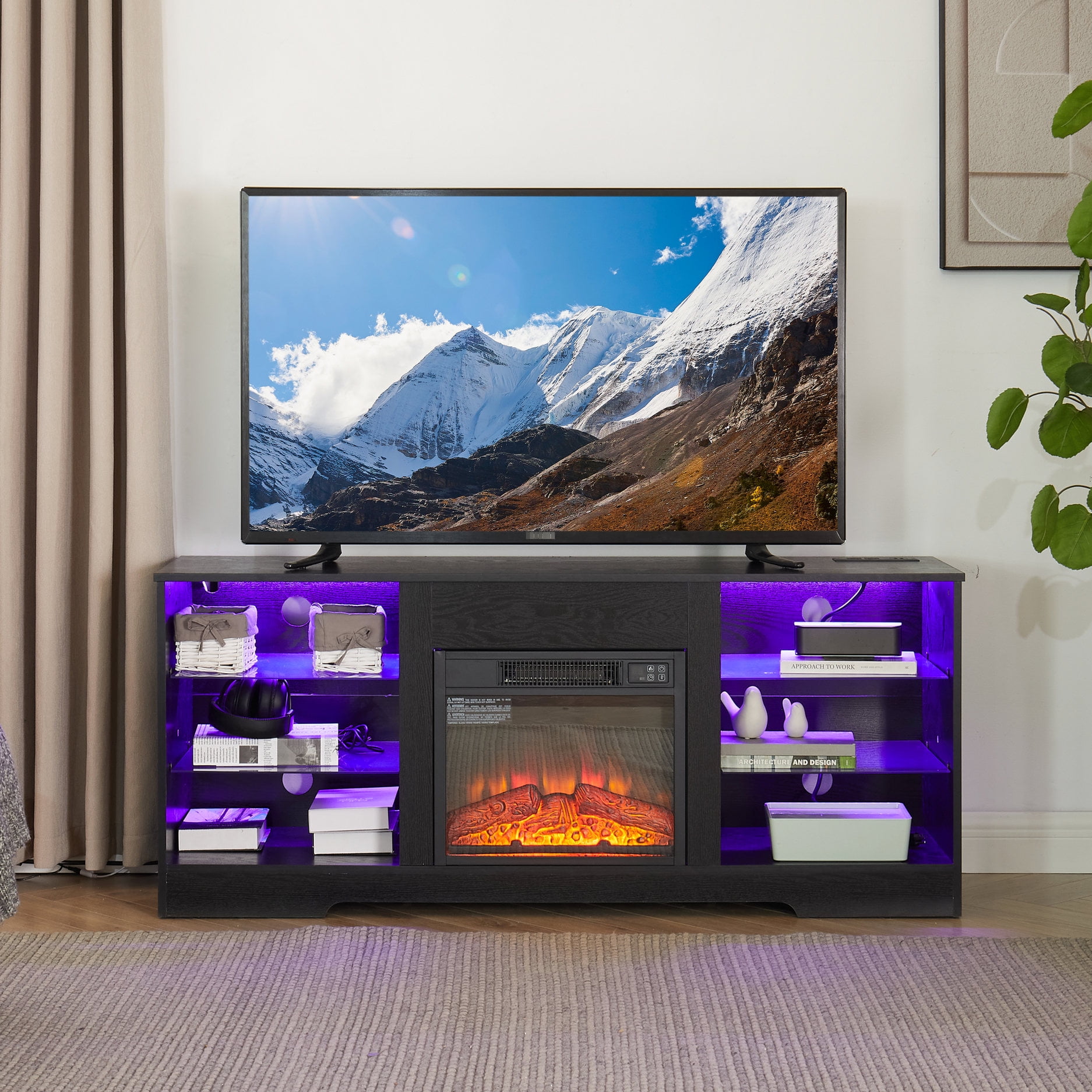 Black MDF TV Stand with Power Outlets and Cable Management / Keep Space ...