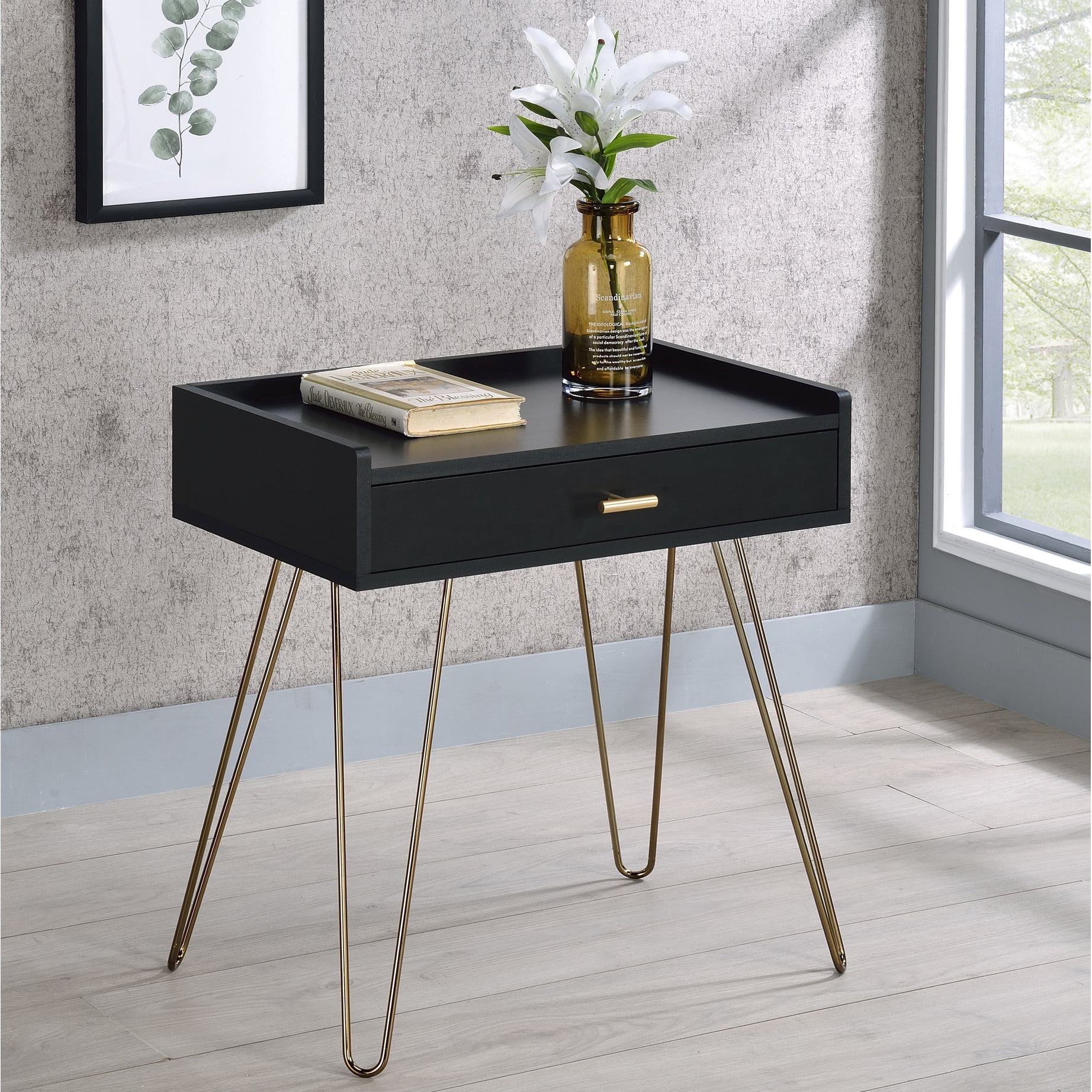 Black MDF and Gold Metal End Table for Guest Room - Walmart.com