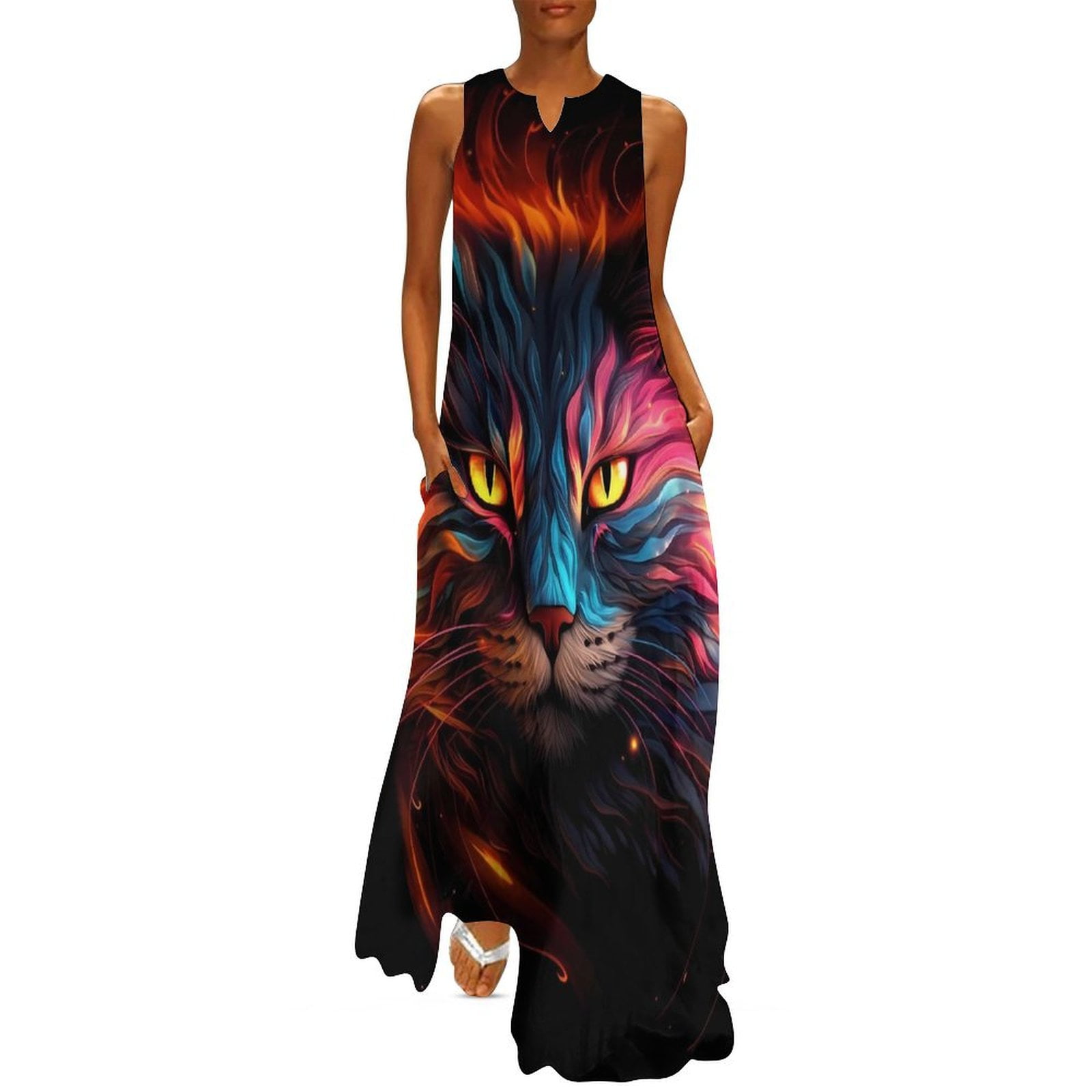 Black Magic Cats Dress Moon Print Elegant Maxi Dress Aesthetic Bohemia ...