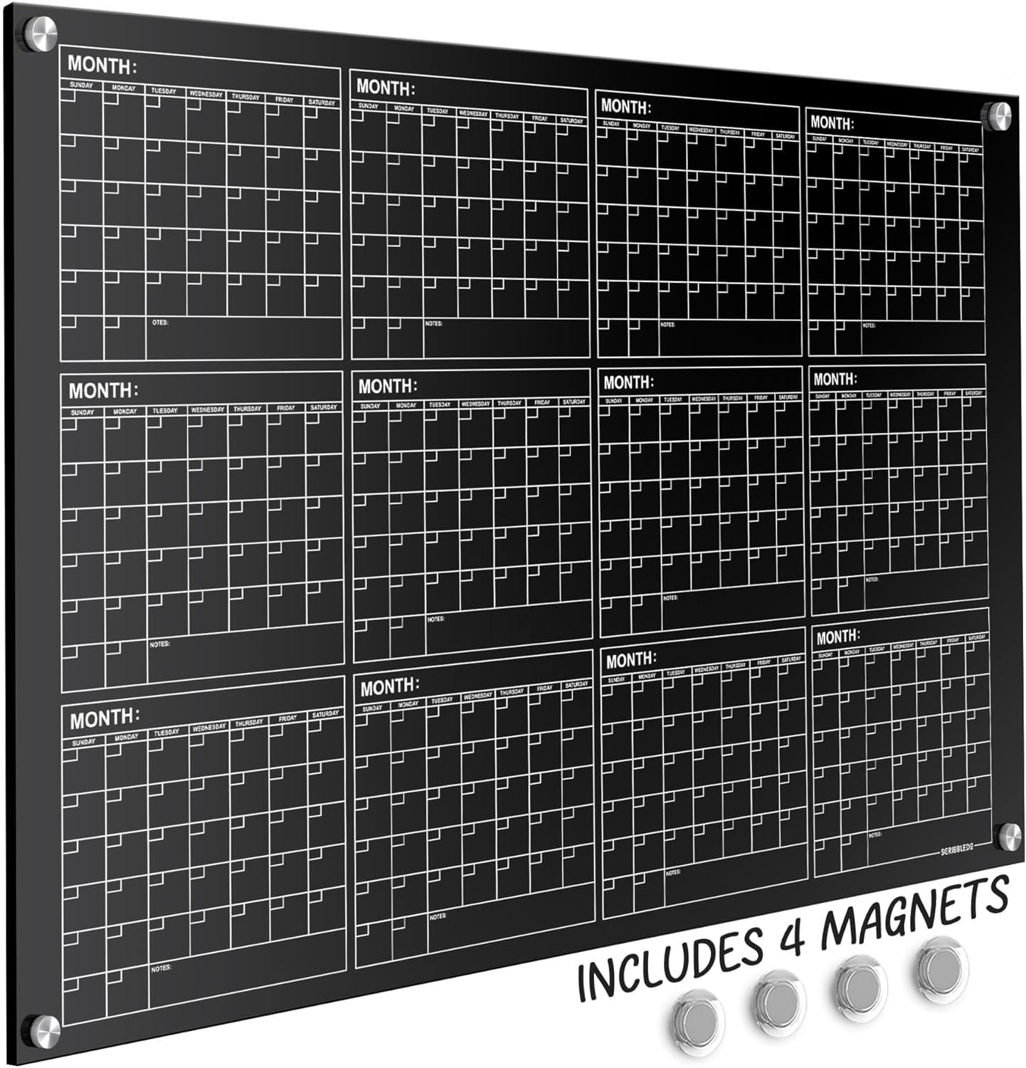 Black Magnetic 34”x46” Glass Whiteboard Yearly Calendar Planner White ...