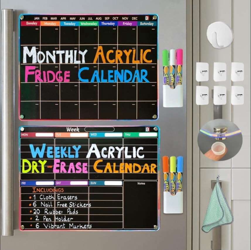 Black Magnetic Calendar for Refrigerator | 2 PCS Dry Erase Acrylic ...