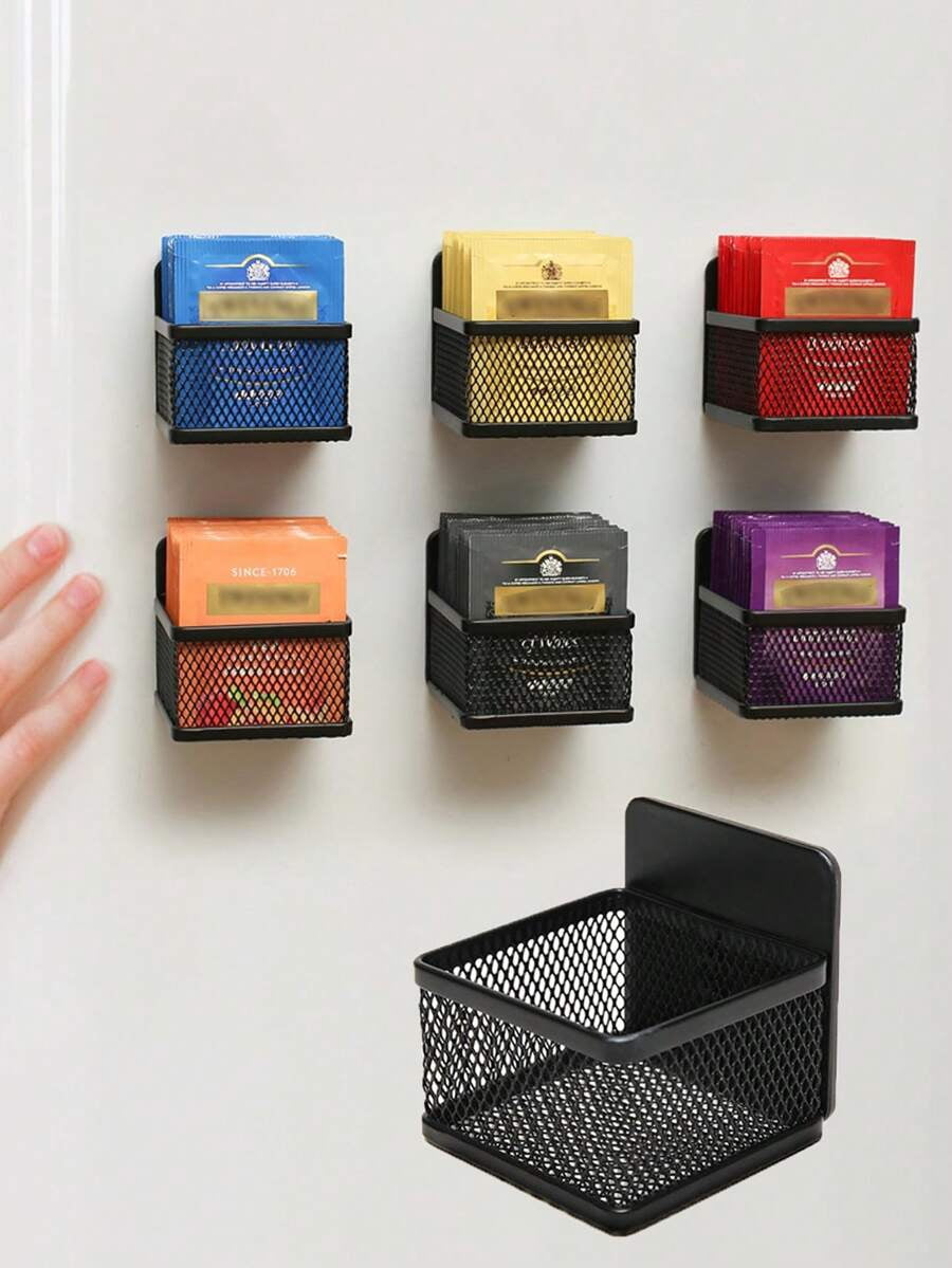 Black Magnetic Tea Bag Organizer Rack, Wall-Mounted Mesh Storage Box ...