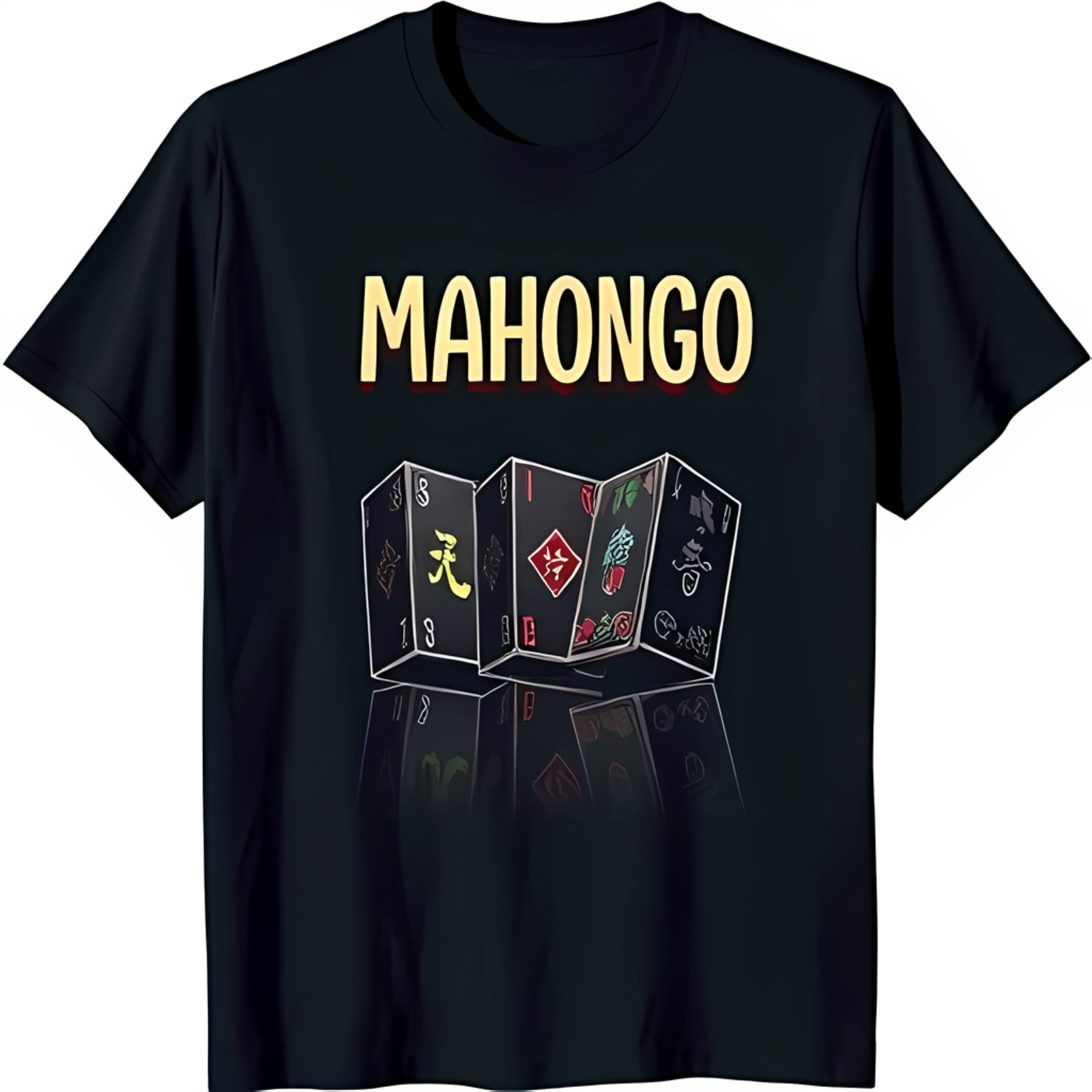Black Mahjong T-Shirt with 'MAHONGO' in Yellow & Colorful Mahjong Tiles ...