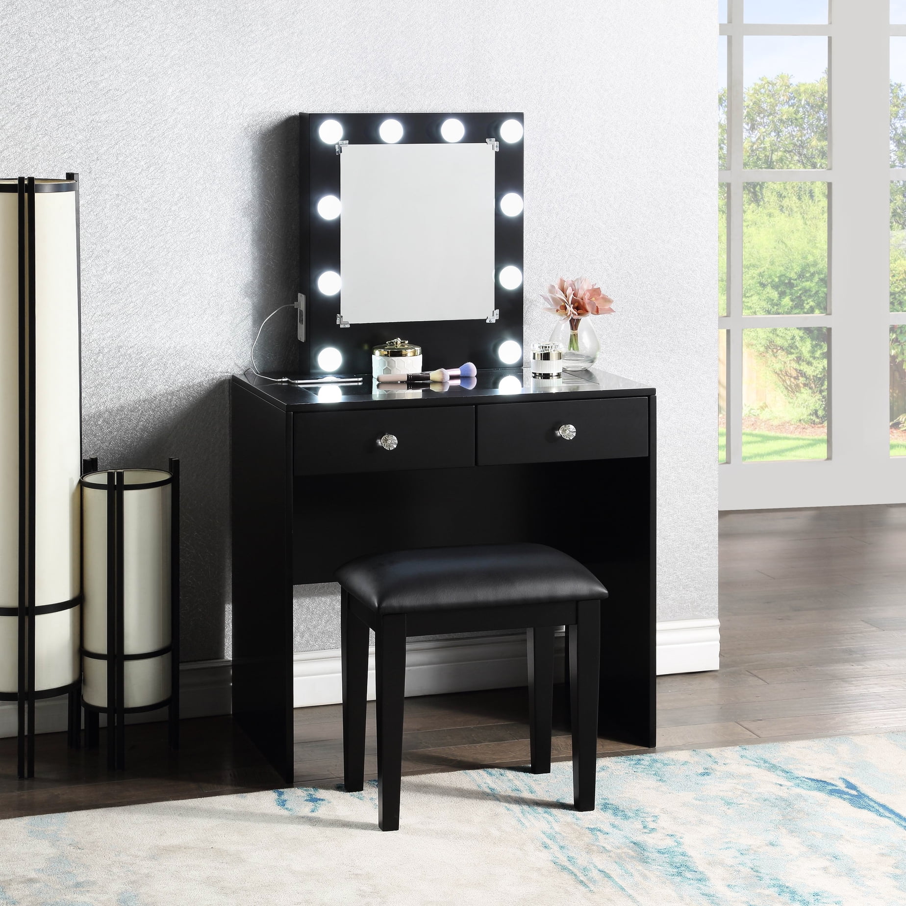 Black Makeup Vanity With 10 Lights, Port, Electrical Outlet And 2 ...
