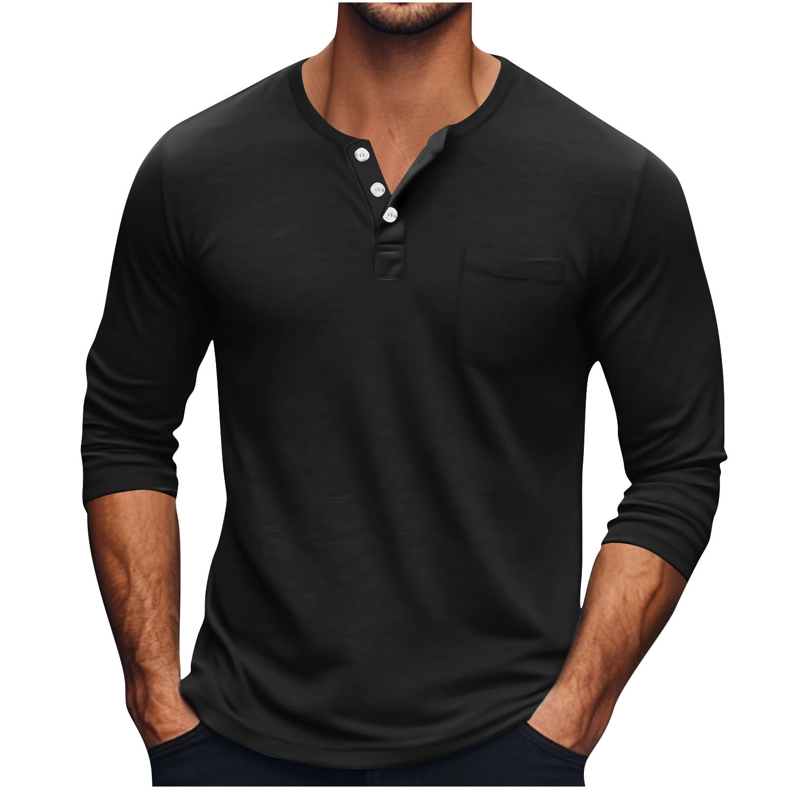 Black Man Basic Tshirts Tops Tee for Mens Long Sleeve Boat Henley Neck ...