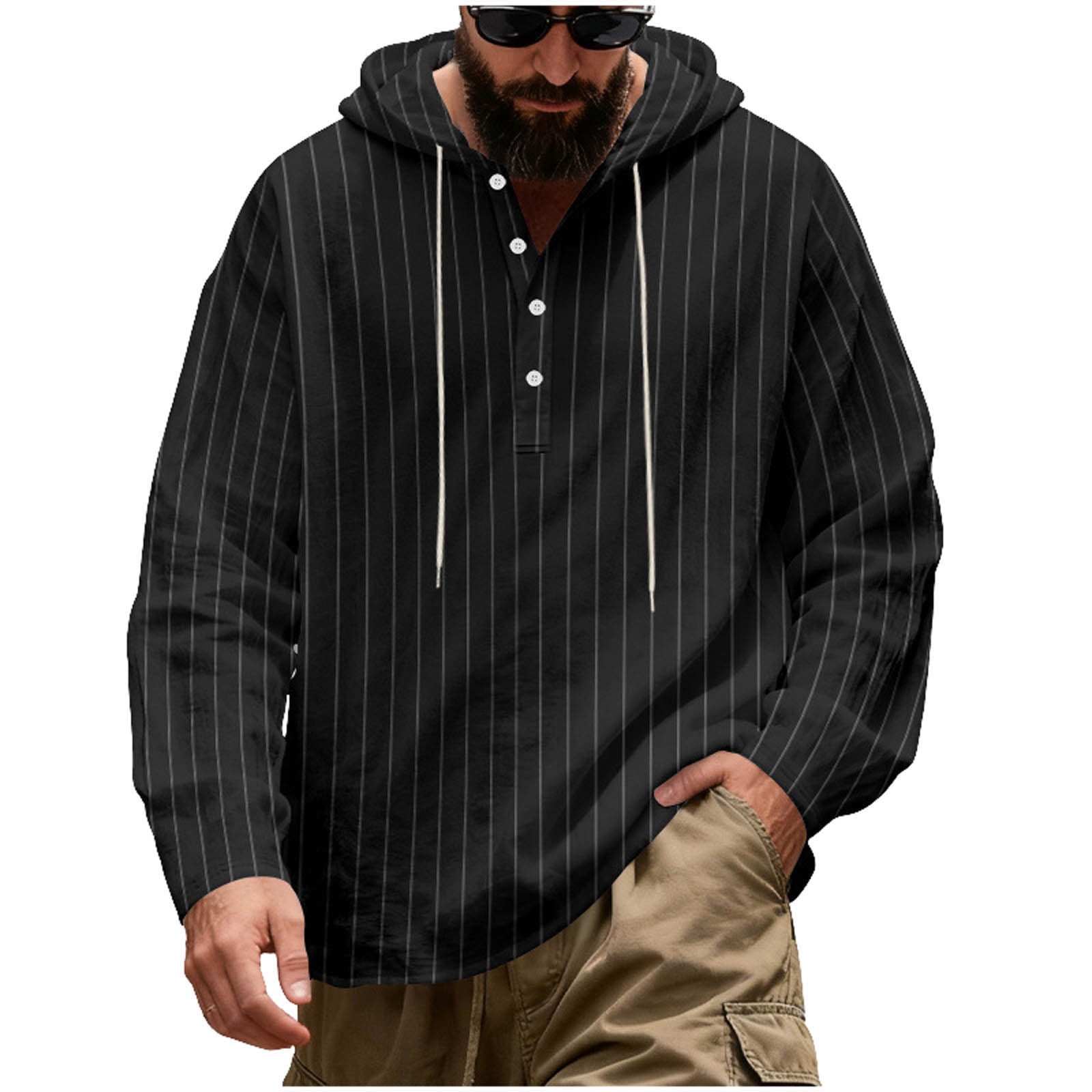 Black Man Faux Gauze Linen Hoods Shacket Outfits for Man Long Sleeve ...